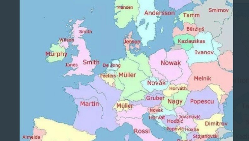 Mapa najčešćih prezimena u zemljama Evrope | Centralni Portal